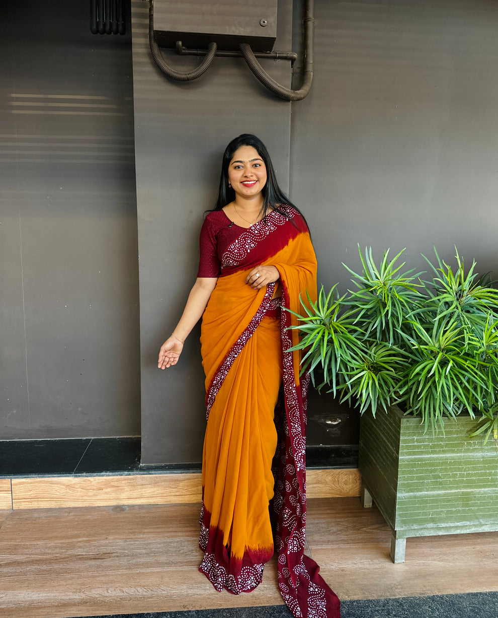 Yellow & Maroon Viscose Georgette Saree A1592 – Hand Picked By Vismaya