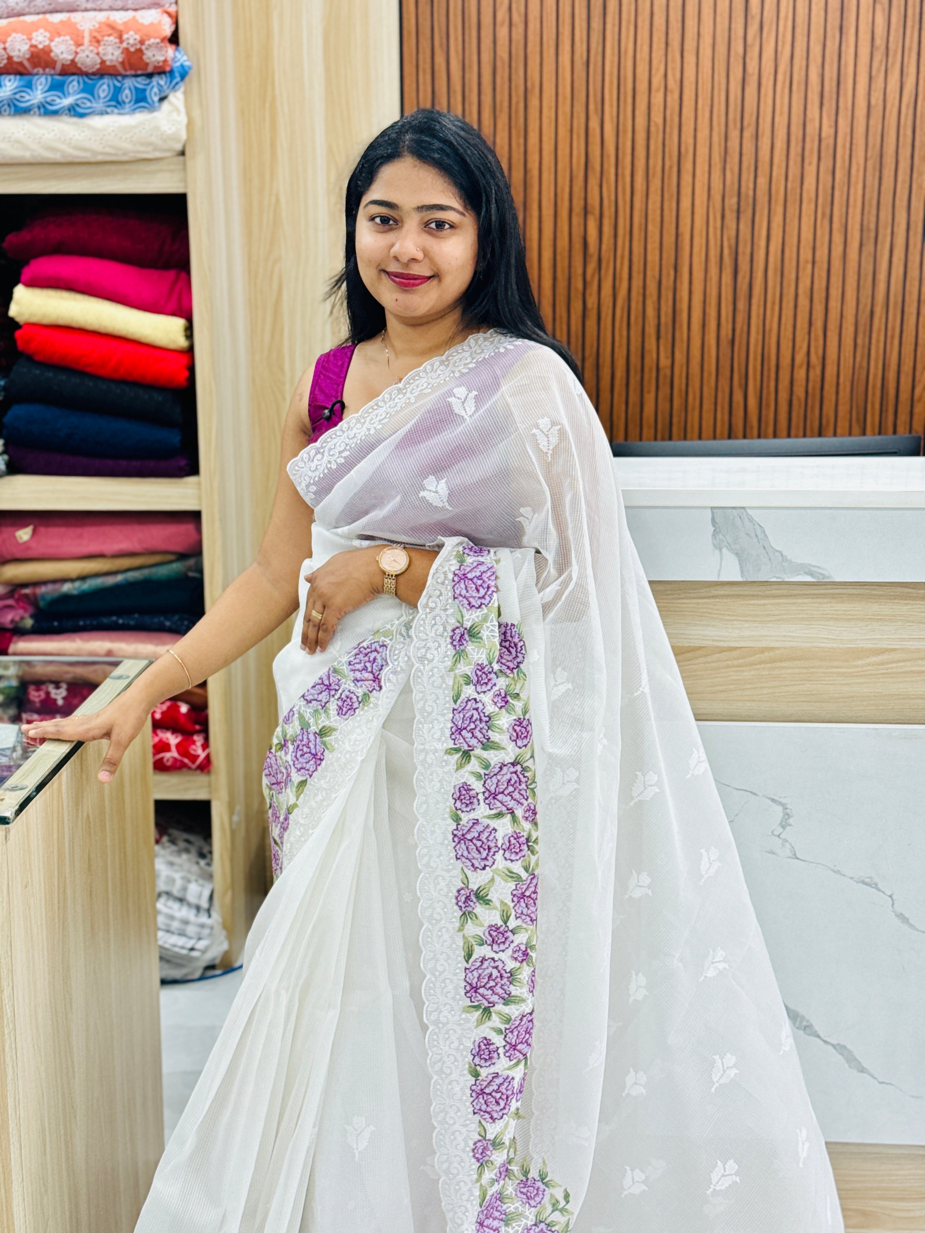 Net cotta saree with Cross Stich Boarders - A 1346 – Hand Picked By Vismaya
