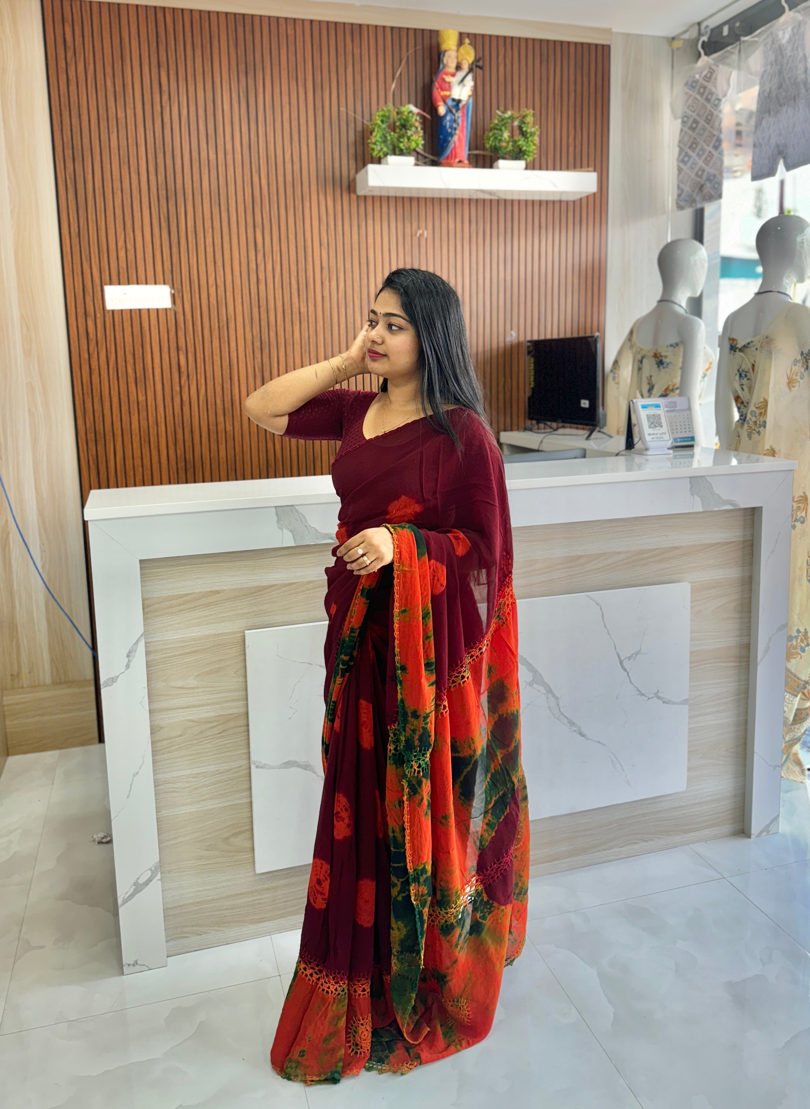 Bright & Beautiful Maroon Georgette Saree A1602 – Hand Picked By Vismaya