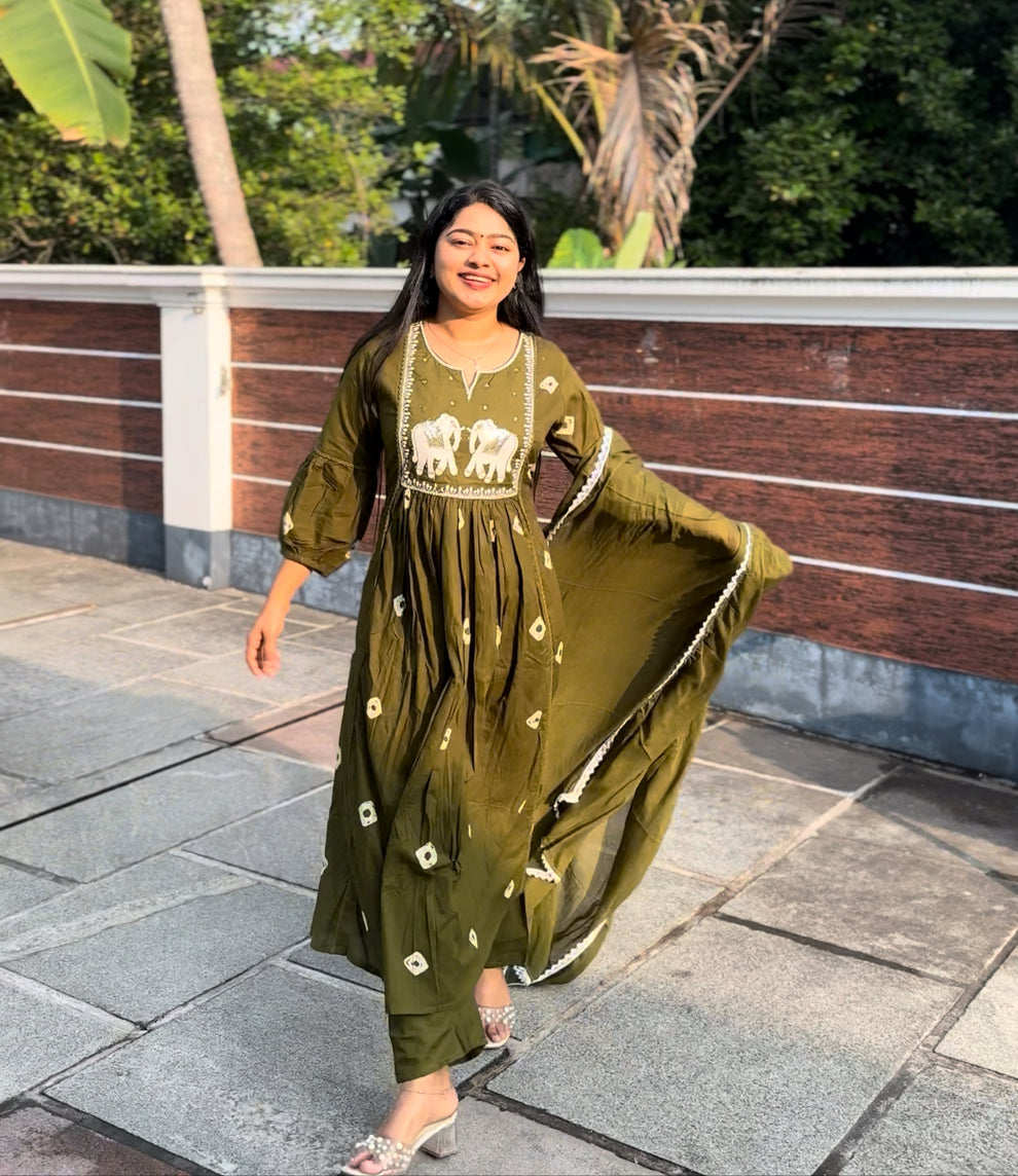 Elegant Olive Green and Maroon 3 piece Set – Hand Picked By Vismaya