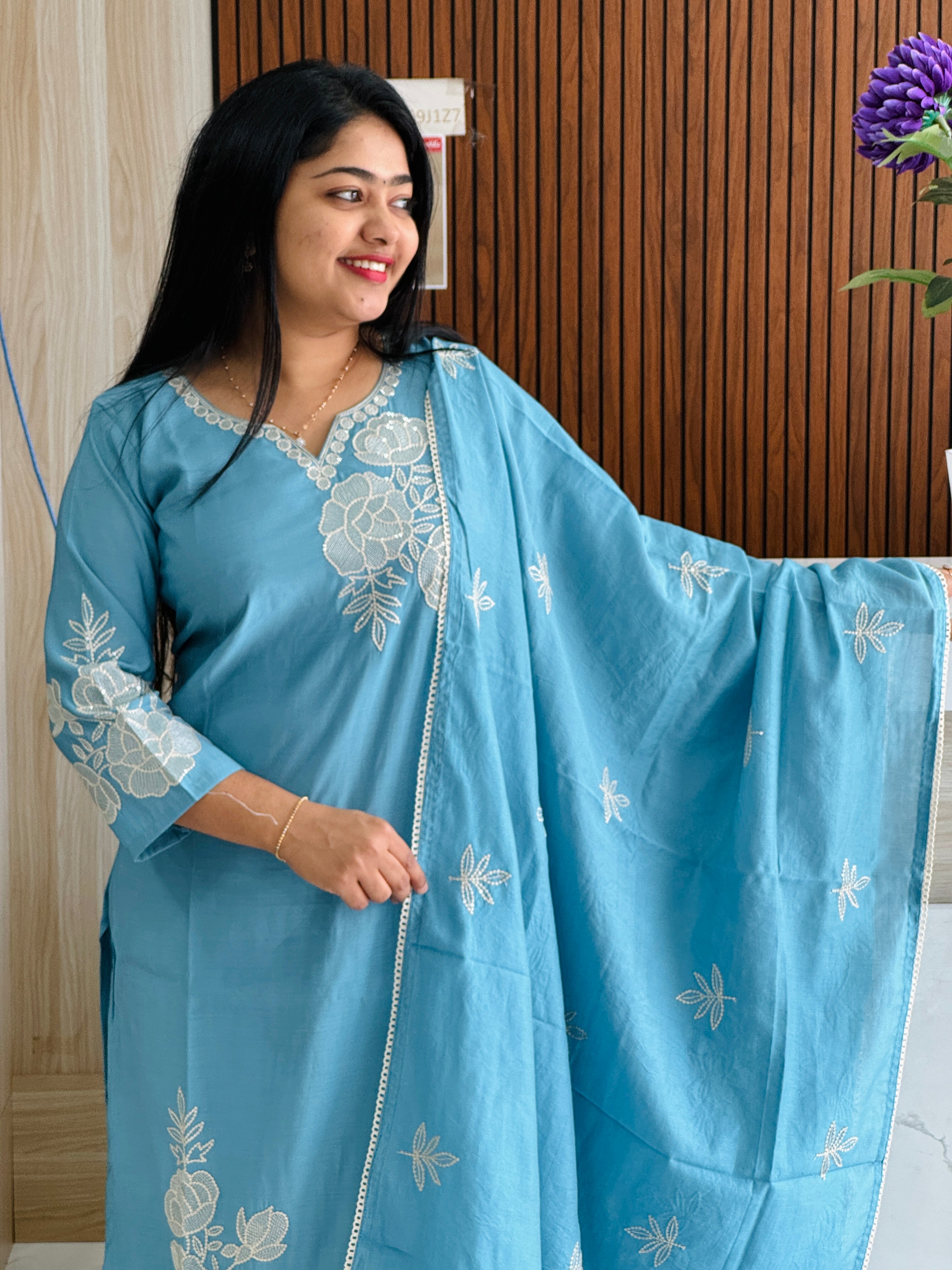 Skyblue 3-piece set in premium Chanderi silk A1714 – Hand Picked By Vismaya